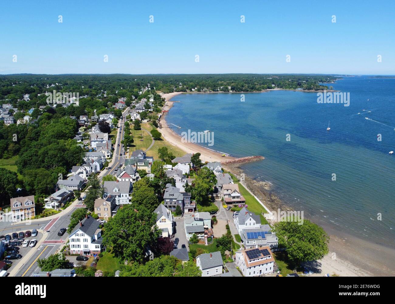 Aerial view of Sandy Point at Danvers River mouth to Salem Harbor in city of Beverly ...