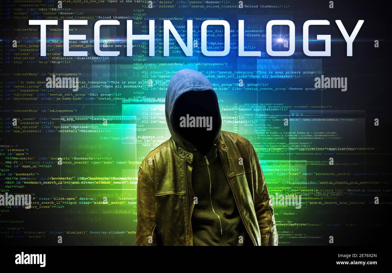 Faceless hacker with TECHNOLOGY inscription on a binary code background ...