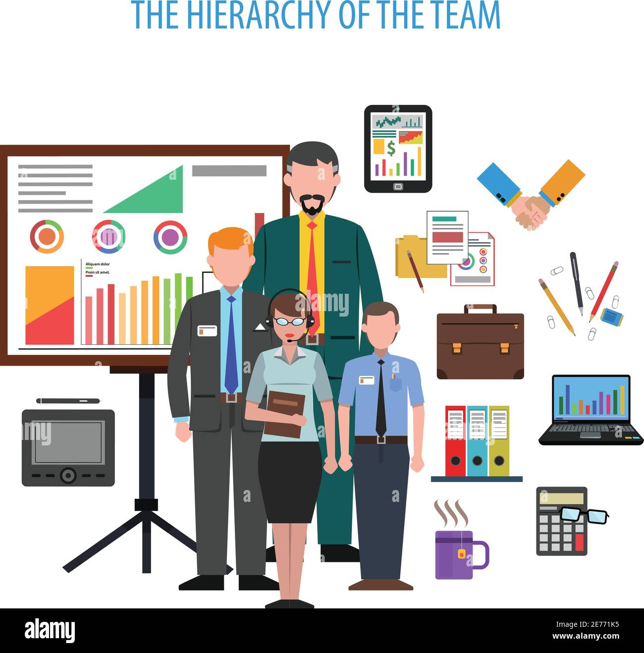 Office life concept with flat business hierarchy icons set vector ...