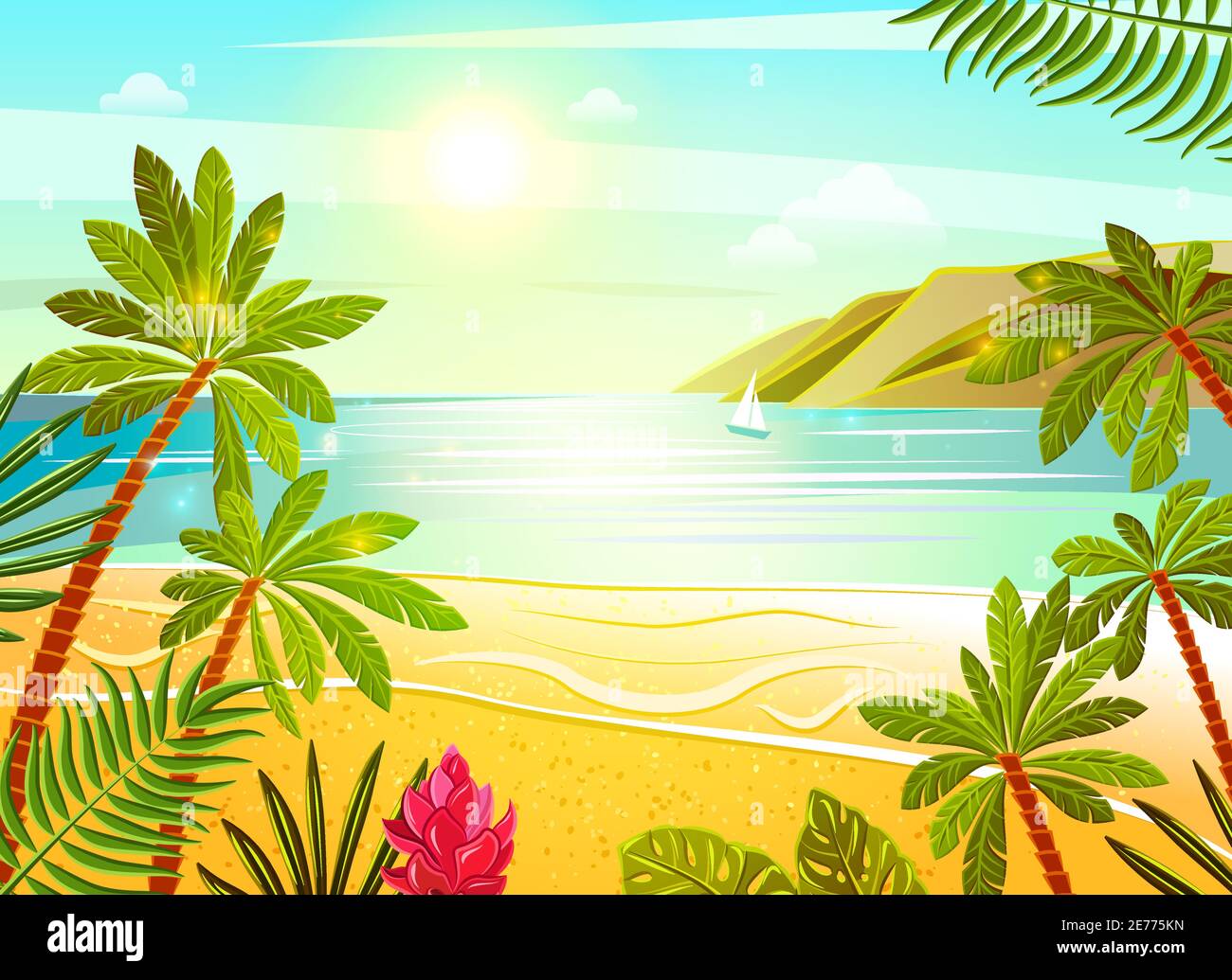 Tropical beach exotic summer vacation travel poster with sea view palms ...