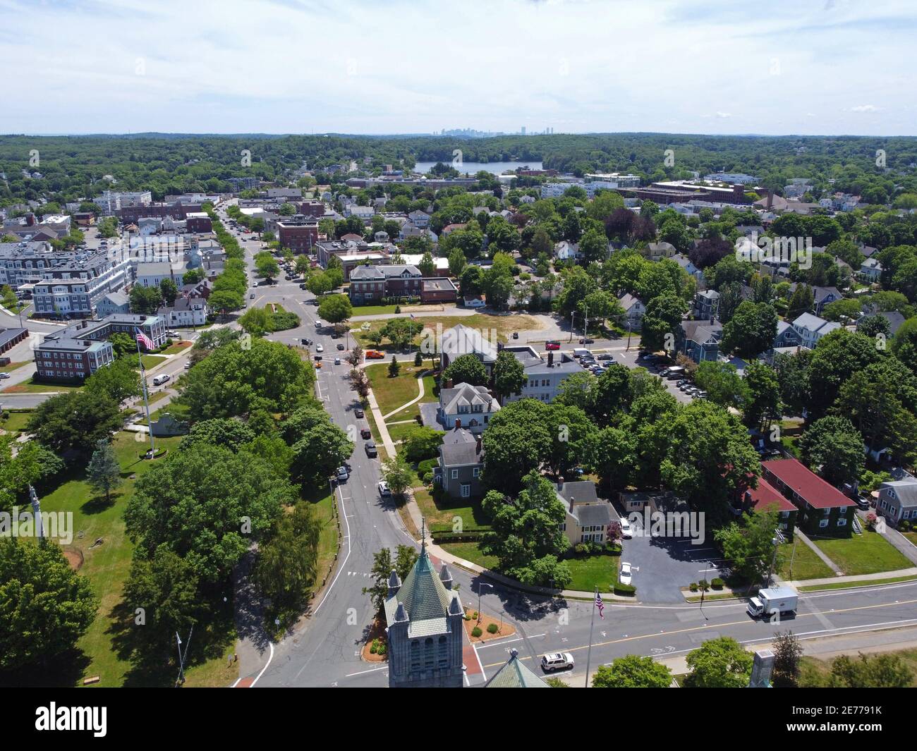 Wakefield historic town center aerial view on Main Street in Wakefield ...