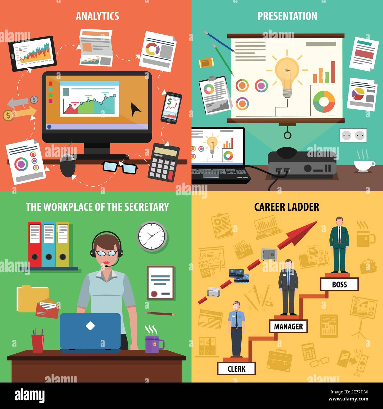 Office design concept set with workplace presentation and career flat ...