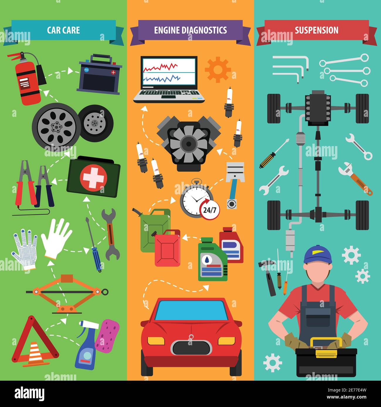 Car service vertical banner set with engine diagnostics elements ...