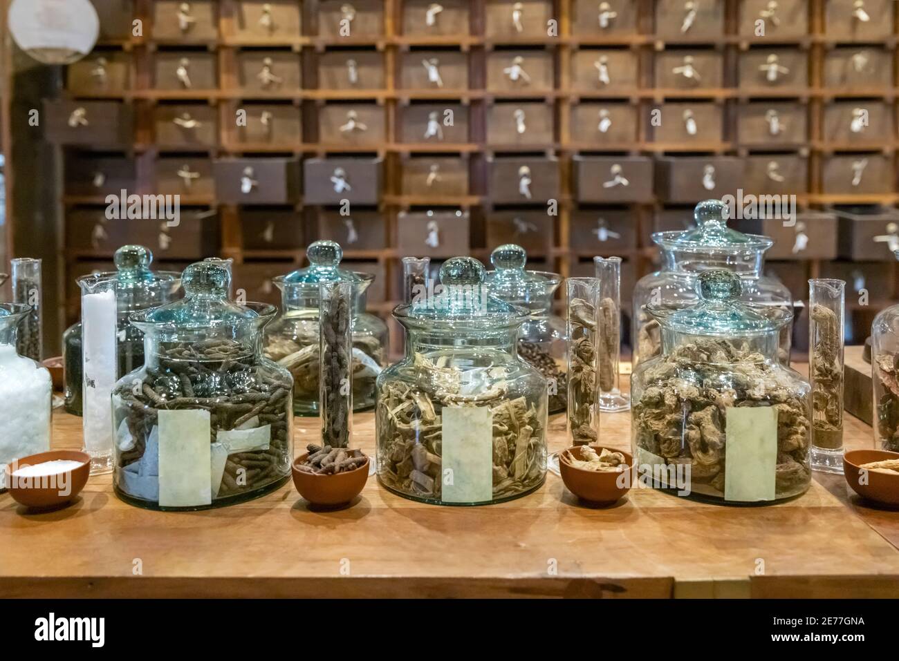 Traditional chinese pharmacy shop. Ancient herbs pharmacy cabinet ...