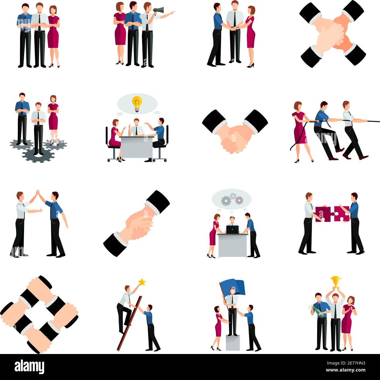 Decorative colored flat teamwork icons set with people commands and ...