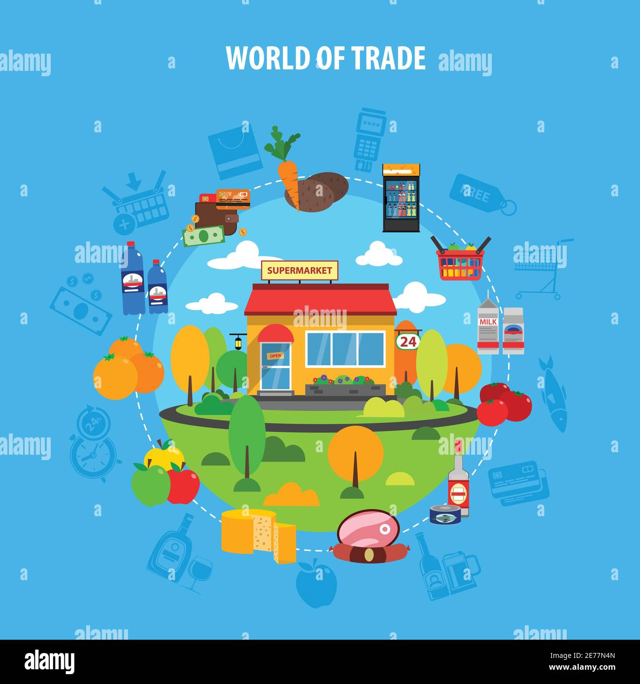 Supermarket concept with trade market flat icons set vector ...
