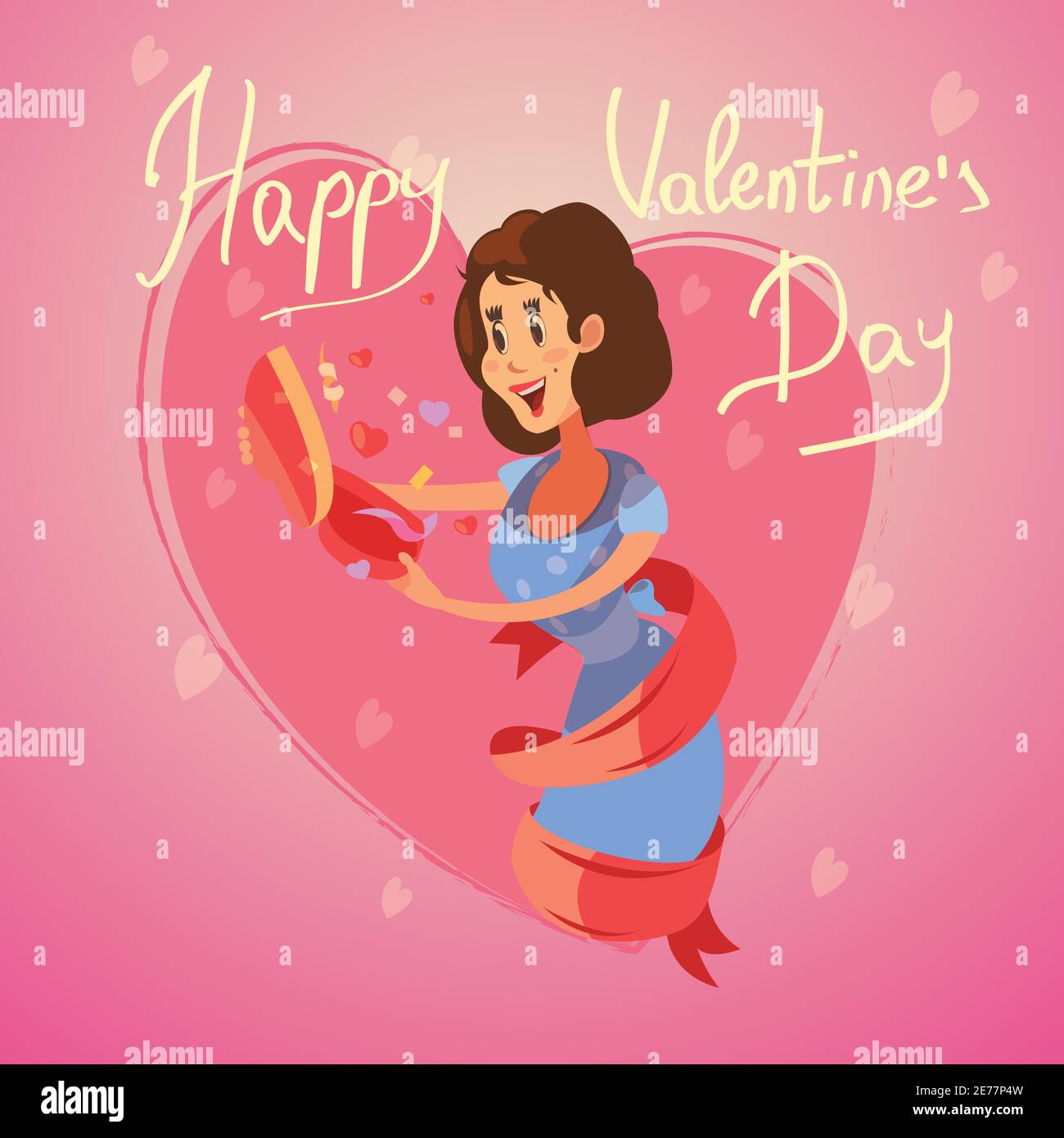 Valentine day retro cartoon card with happy firl opening the gift box ...