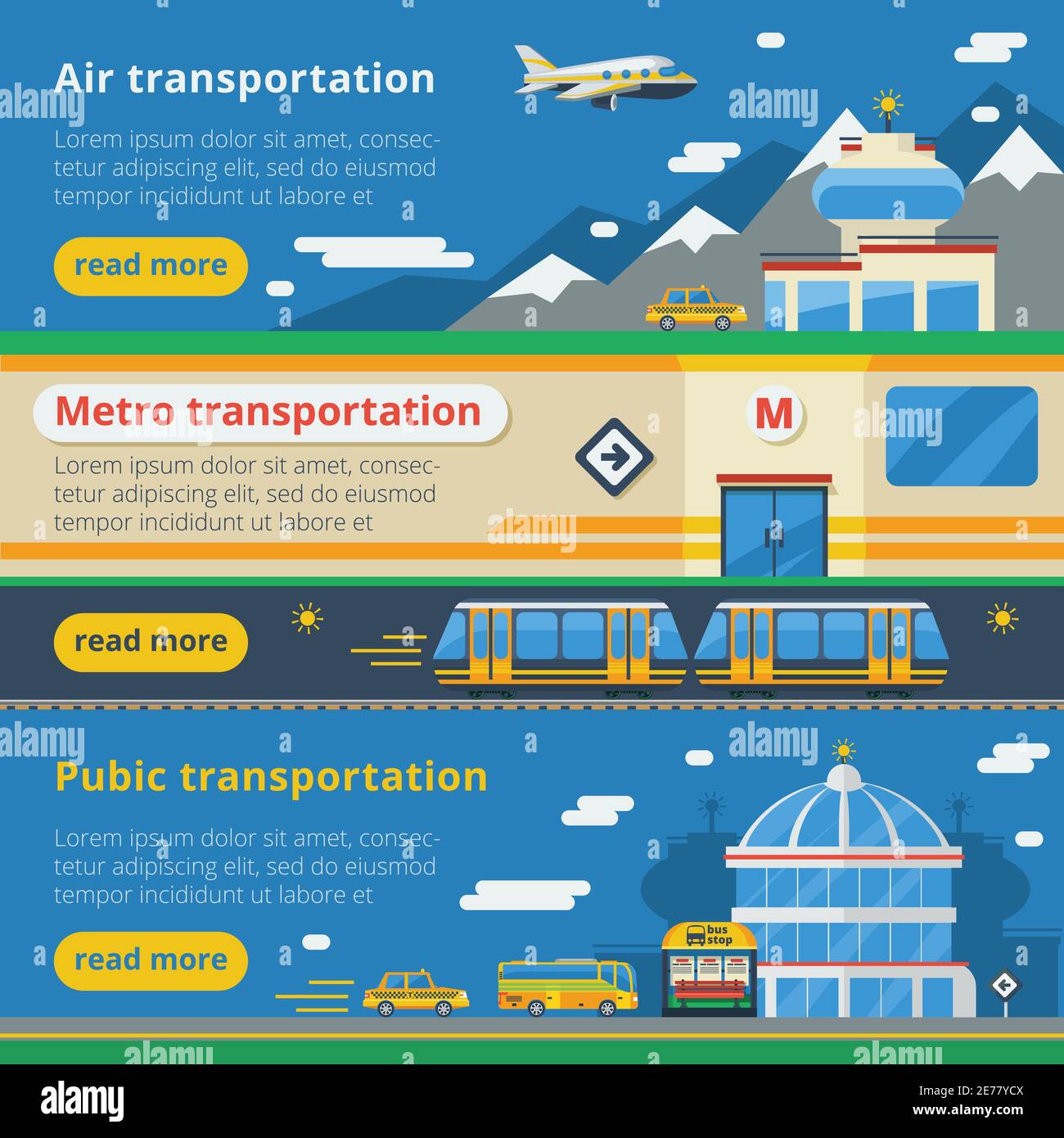 Passenger transportation horizontal banners set of air metro and public ...