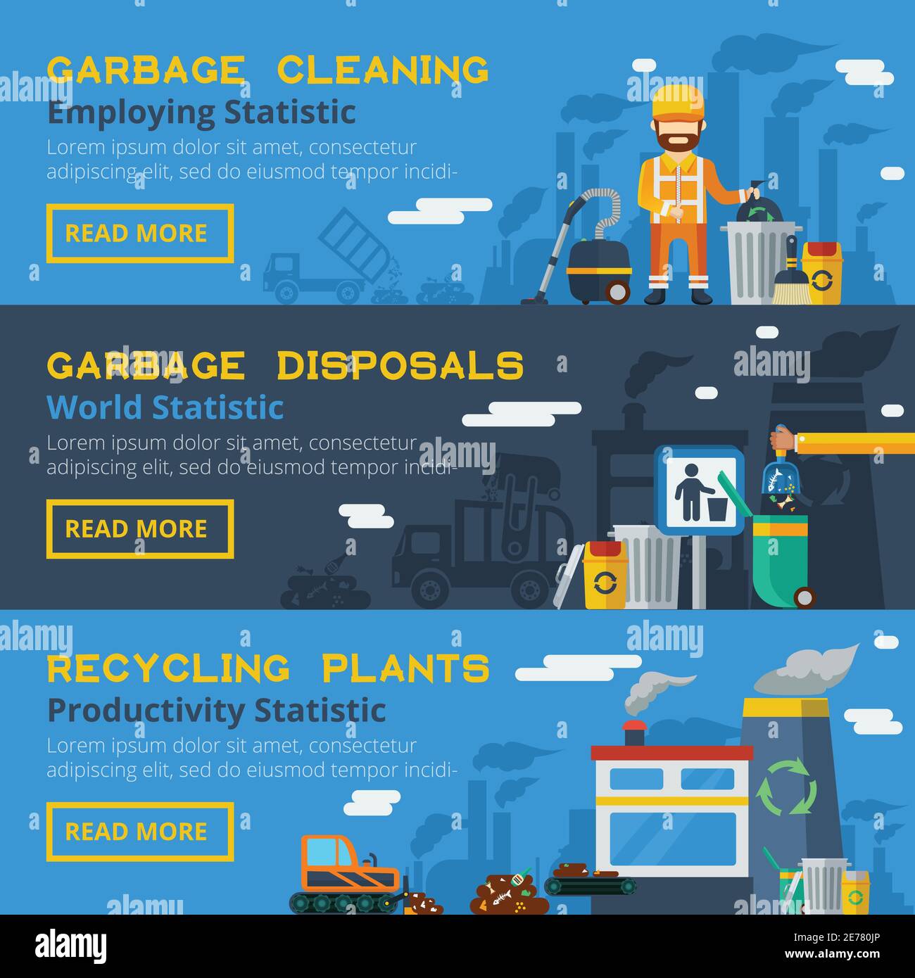 Garbage recycling flat horizontal banners set of employees icons and ...