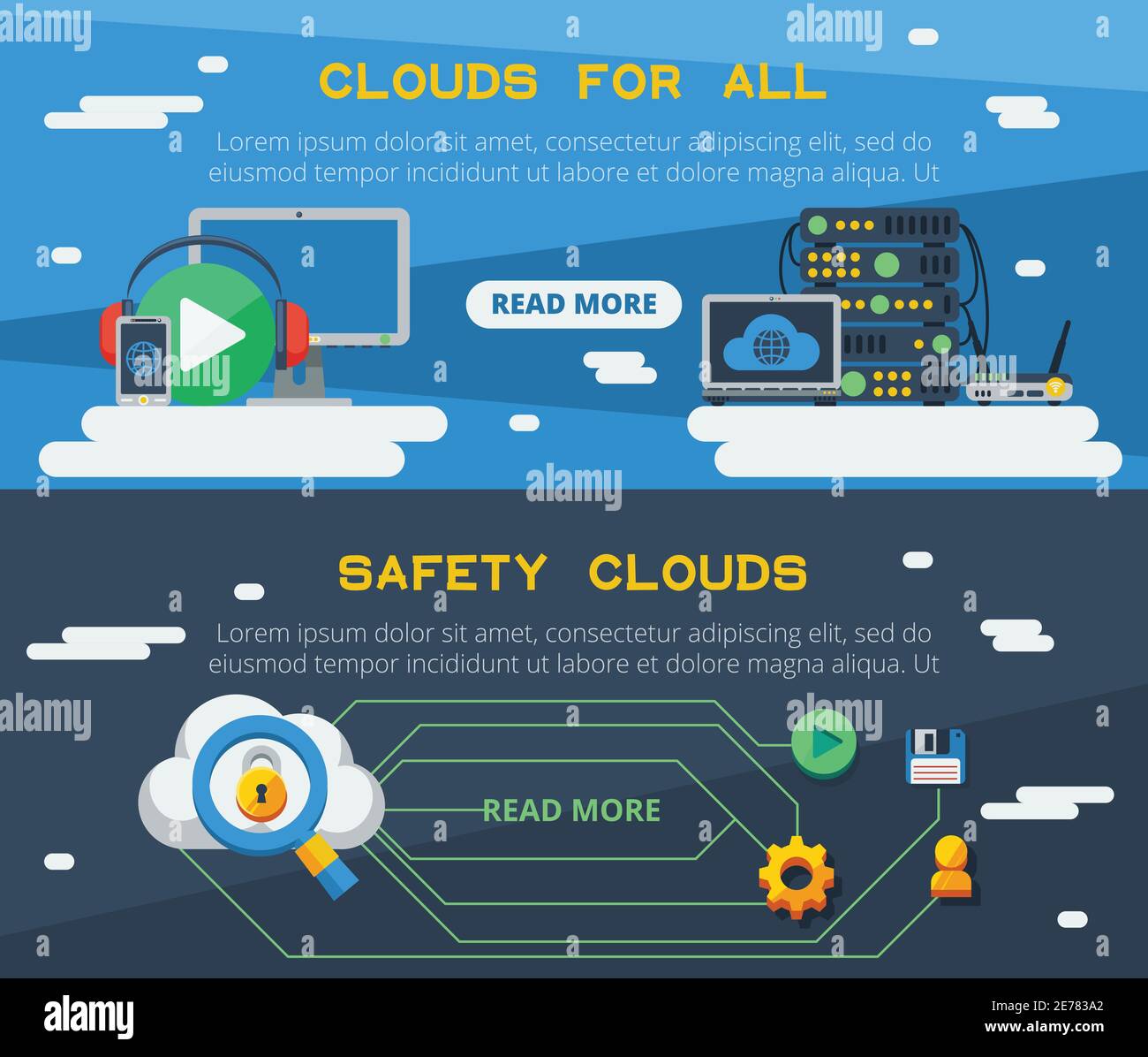 Flat horizontal banners set of cloud services for using multimedia ...