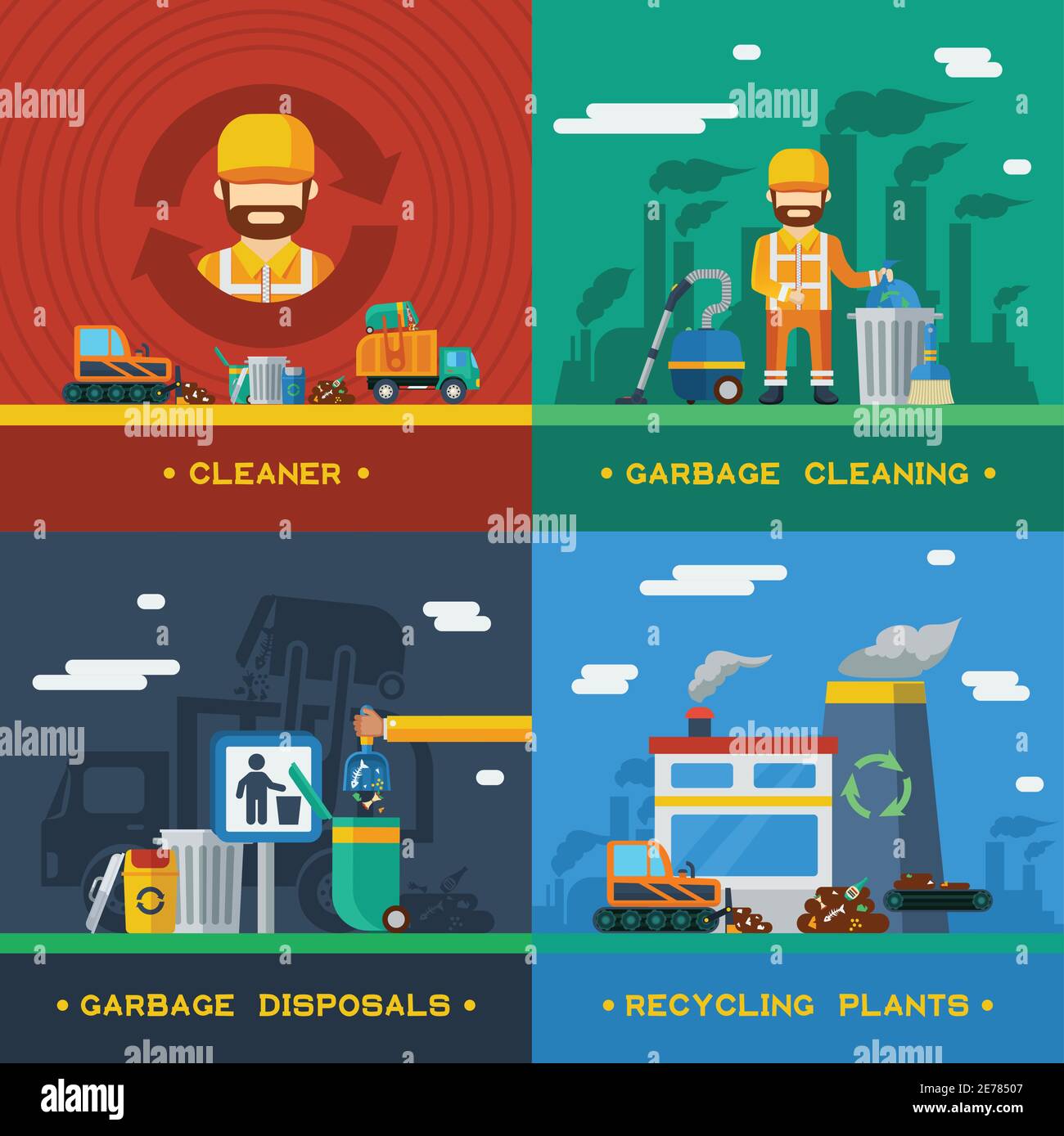 Garbage removal 2x2 flat design concept with rubbish cleaning disposal ...
