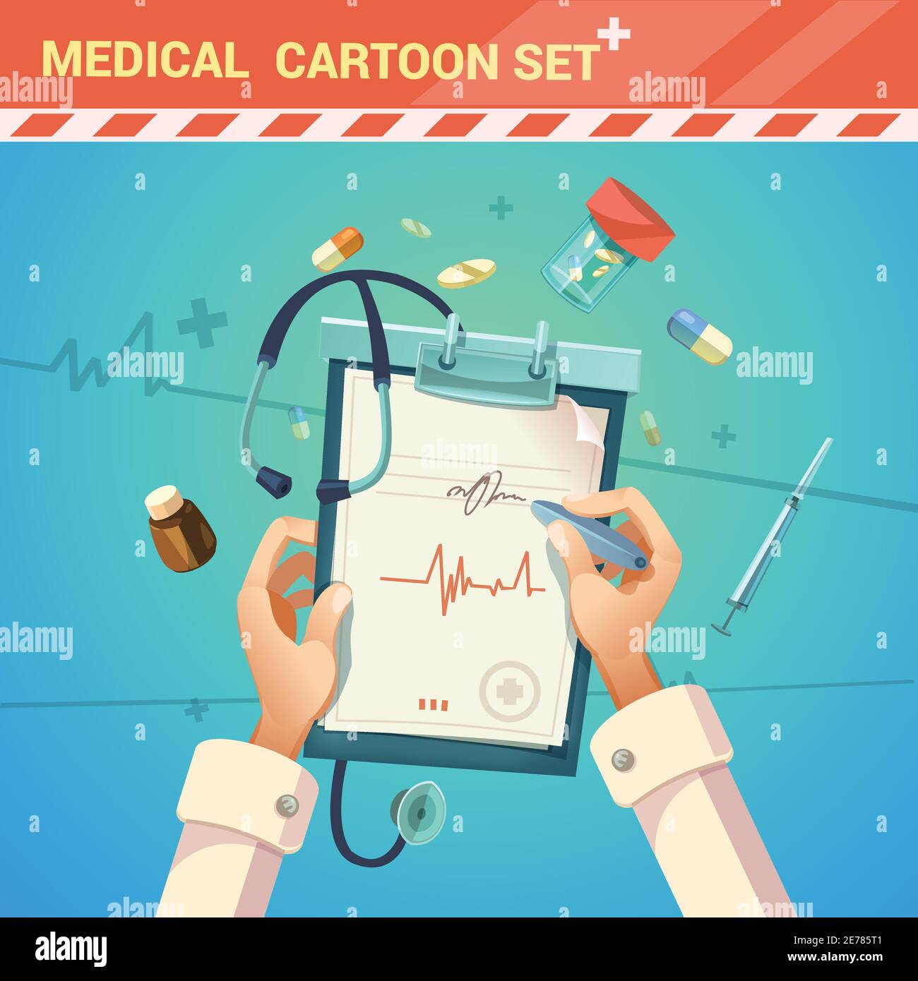 Medicine and treatment with doctor writing a prescription cartoon ...