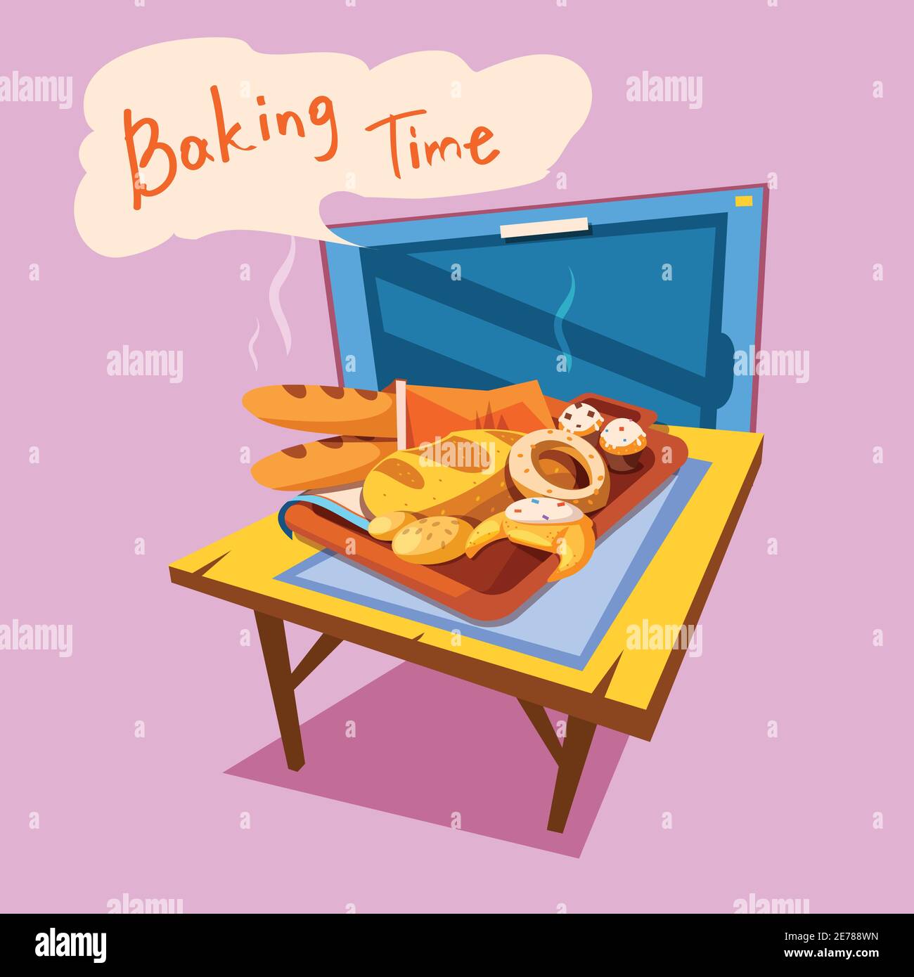 Bakery cartoon with plate full of bread and pastry in front of tv retro ...