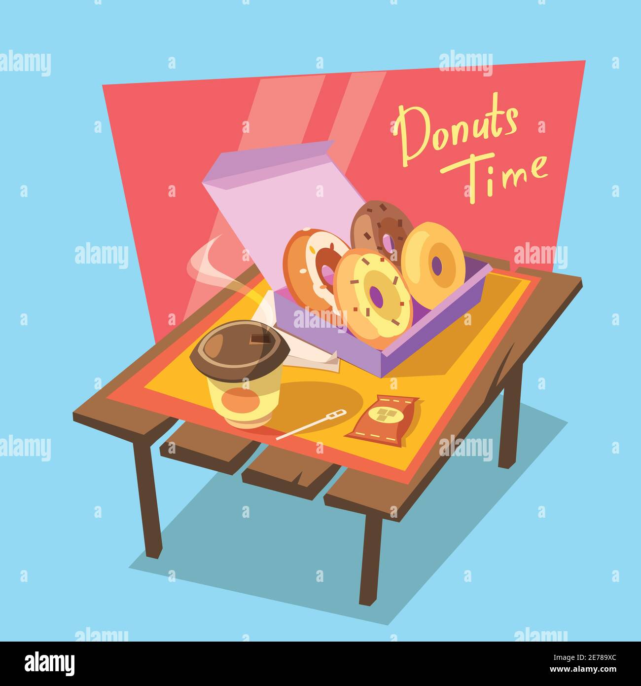 Donuts time concept with fresh bakery in paper box and drink cup retro ...