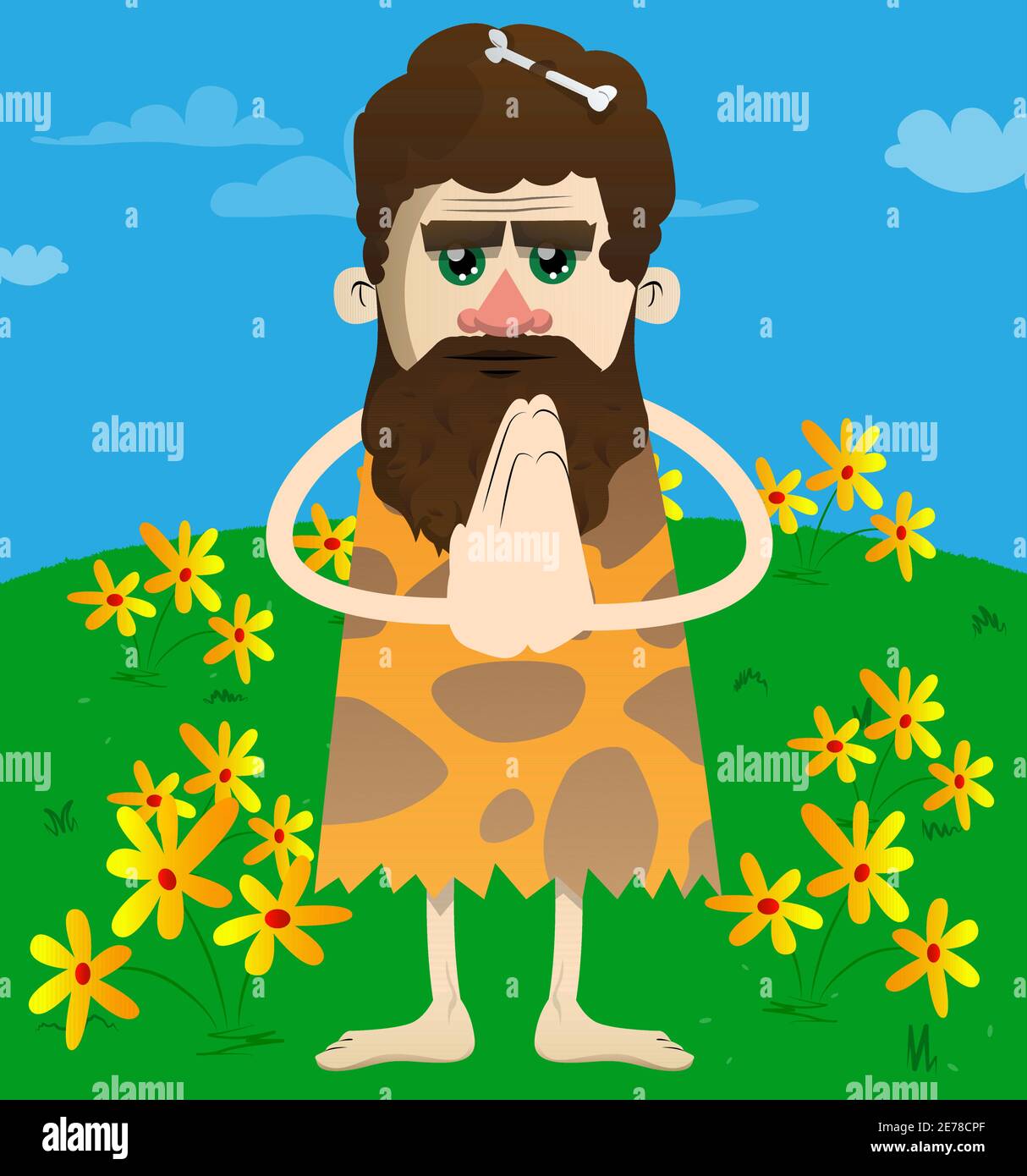 Cartoon prehistoric man with praying hands. Vector illustration of a ...