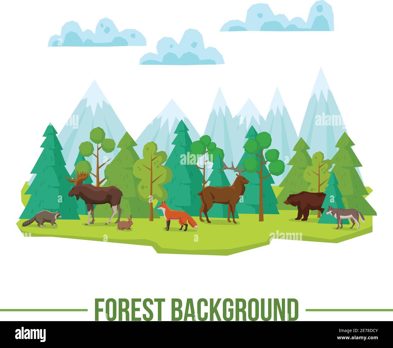 Forest landscape poster with wild animals and mountains on background ...