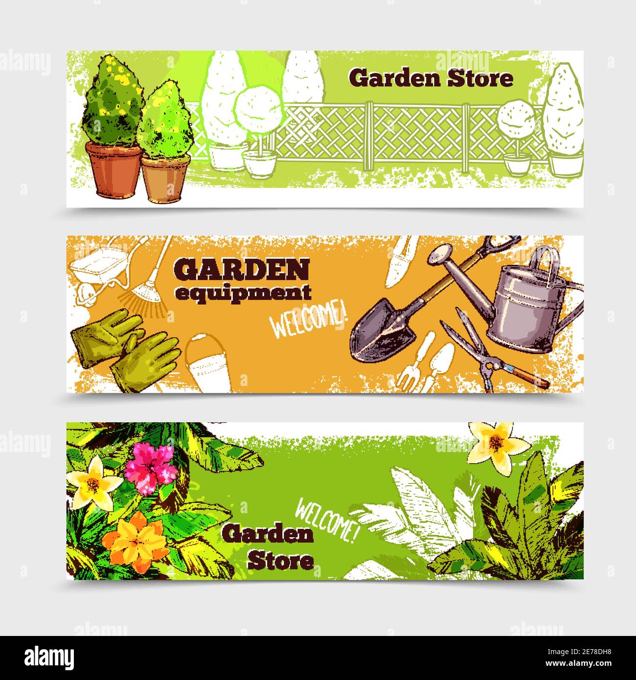 Garden horizontal banner set with sketch seedling equipment isolated ...