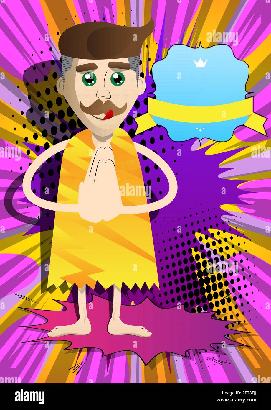 Cartoon prehistoric man with praying hands. Vector illustration of a ...