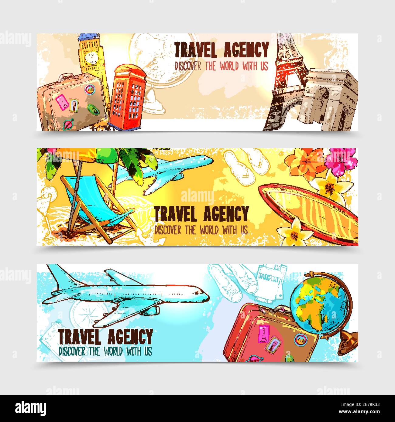 Travel horizontal banner set with sketch landmarks and vacation ...