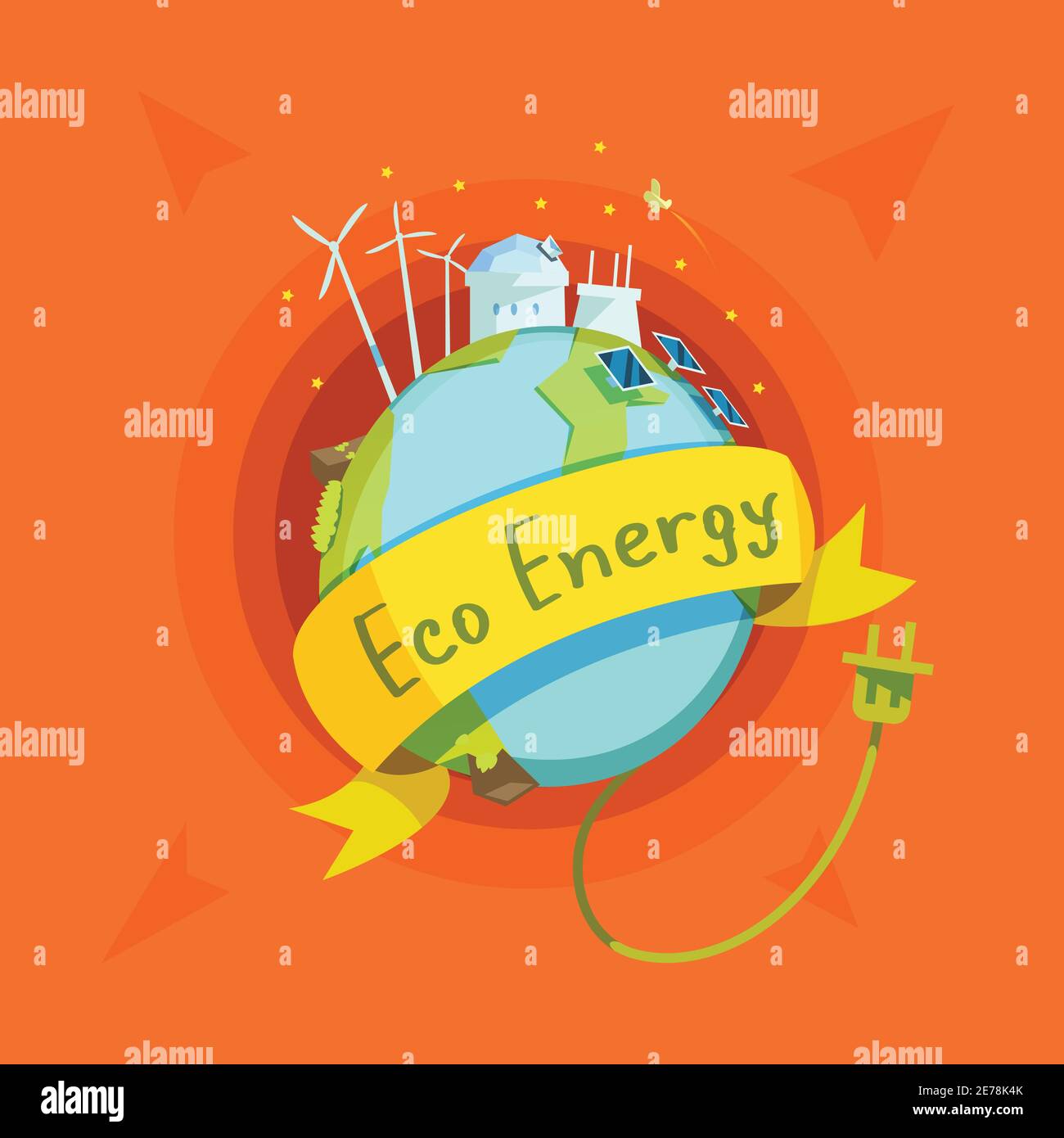 Ecological energy retro cartoon with globe and eco power stations on it ...