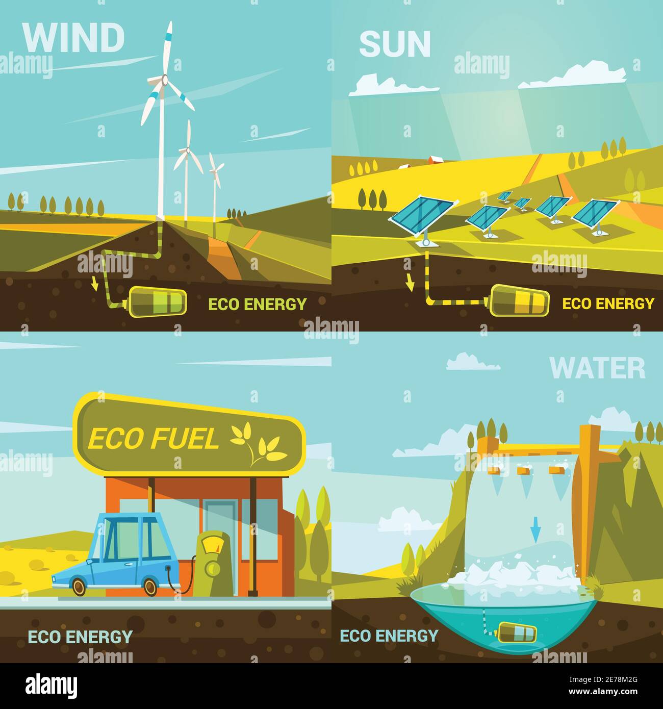 Ecological energy design concept set with retro cartoon wind sun and ...