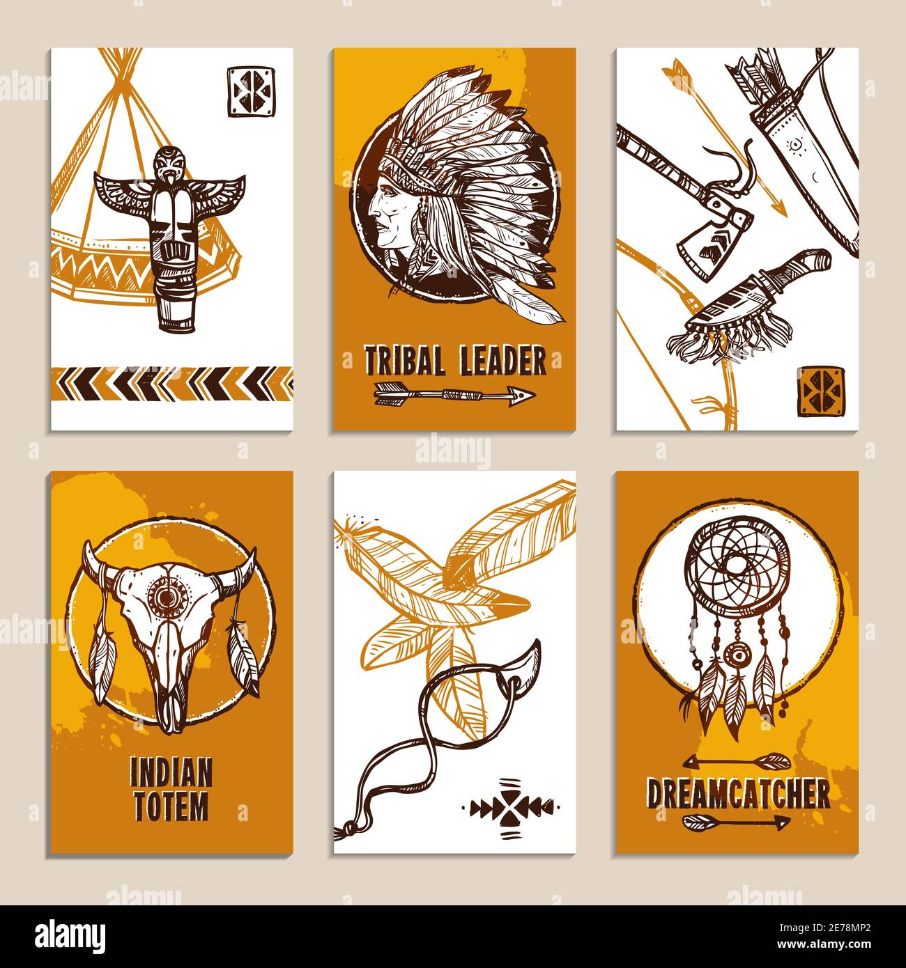 Ethnic paper cards set with sketch tribal and indian elements isolated ...