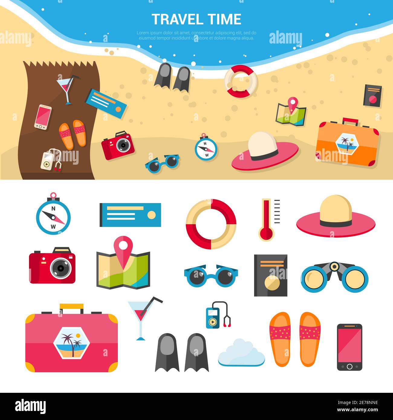 Summer vacation and sea resort travel concept with flat icons set ...