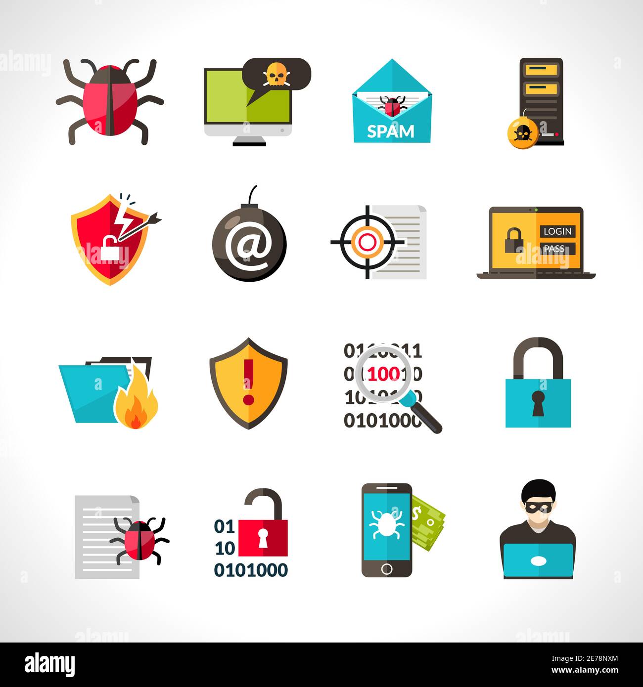 Cyber virus hacking protection and security icons set isolated vector ...