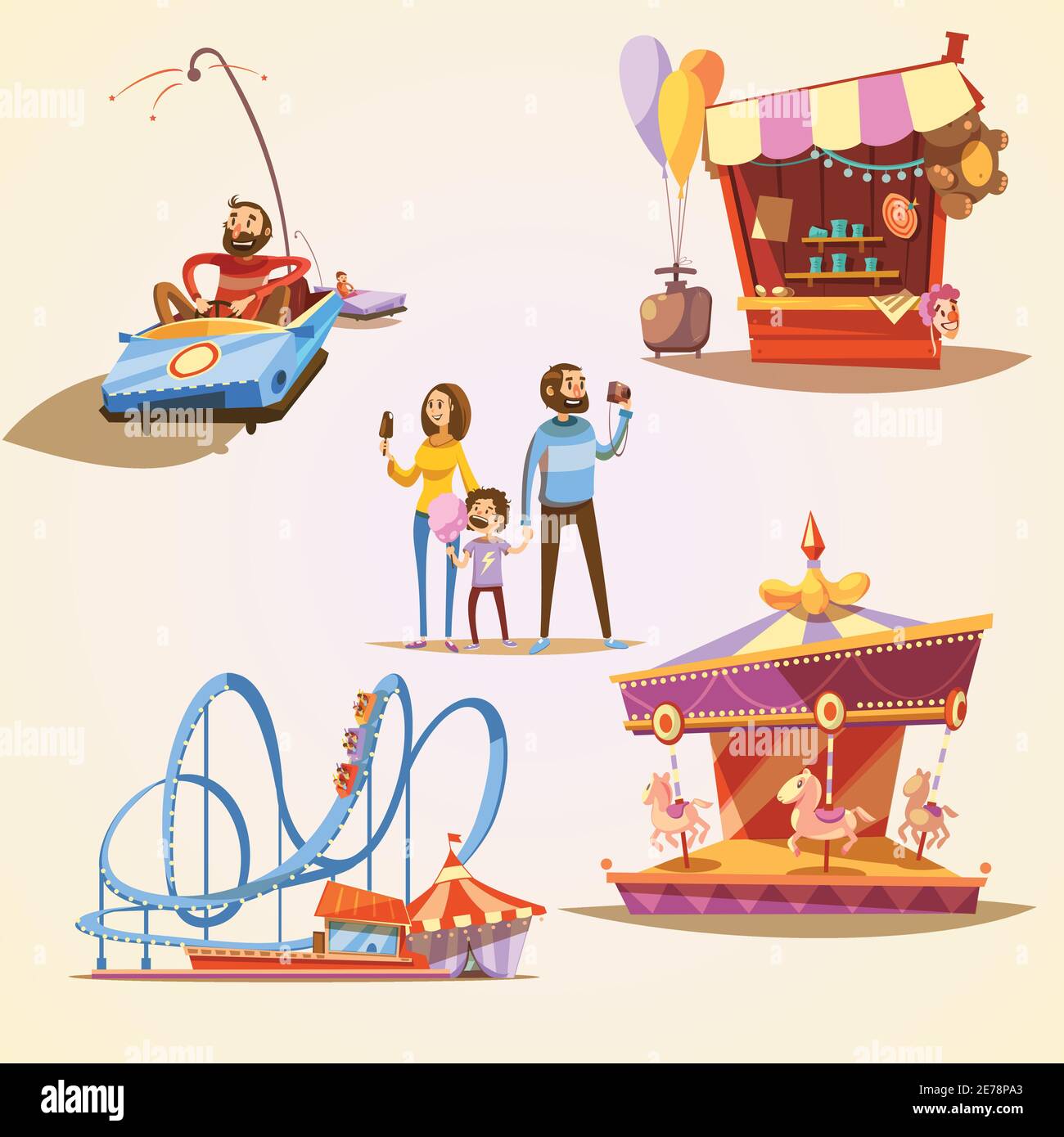 Amusement park cartoon set with retro style attractions isolated vector ...