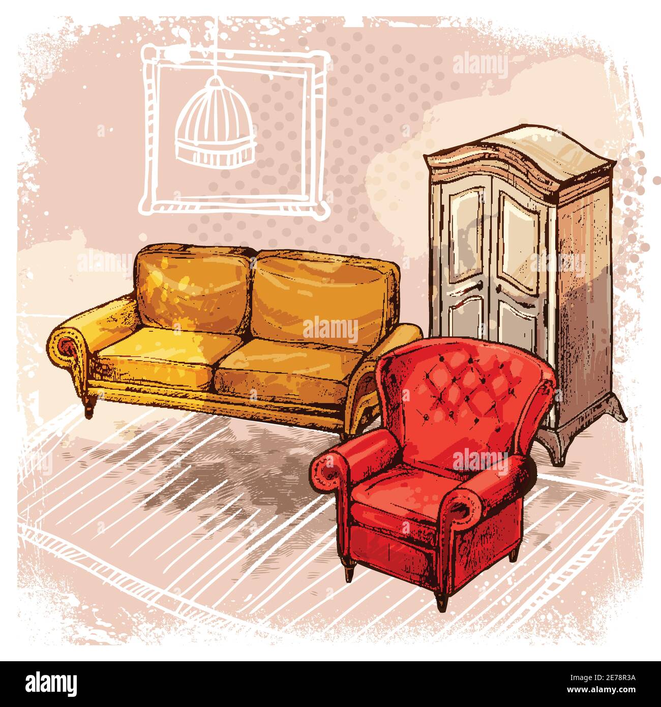 Retro room interior with old style sketch furniture vector illustration ...