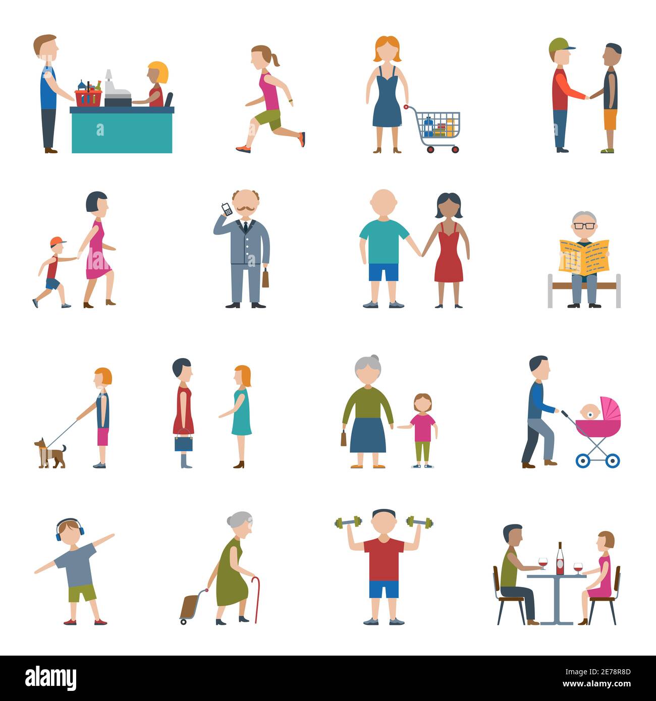 People lifestyle man and woman in work and daily situation flat color ...