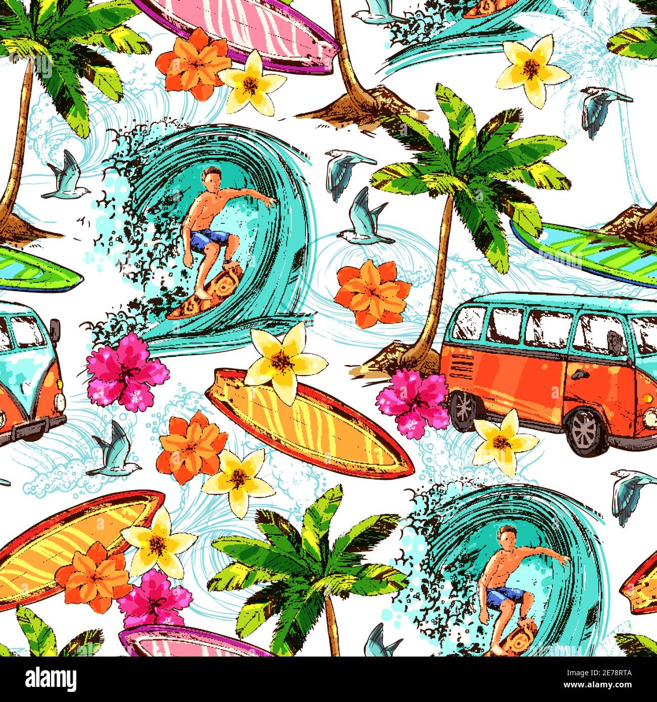 Surf seamless pattern with sketch surfer and tropical beach elements ...