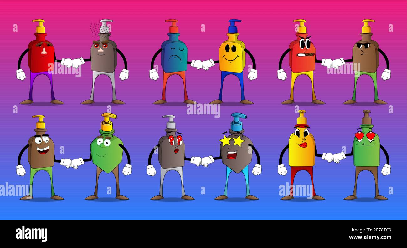 Pair of cartoon bottle of hand sanitizer gel for hygiene with face ...