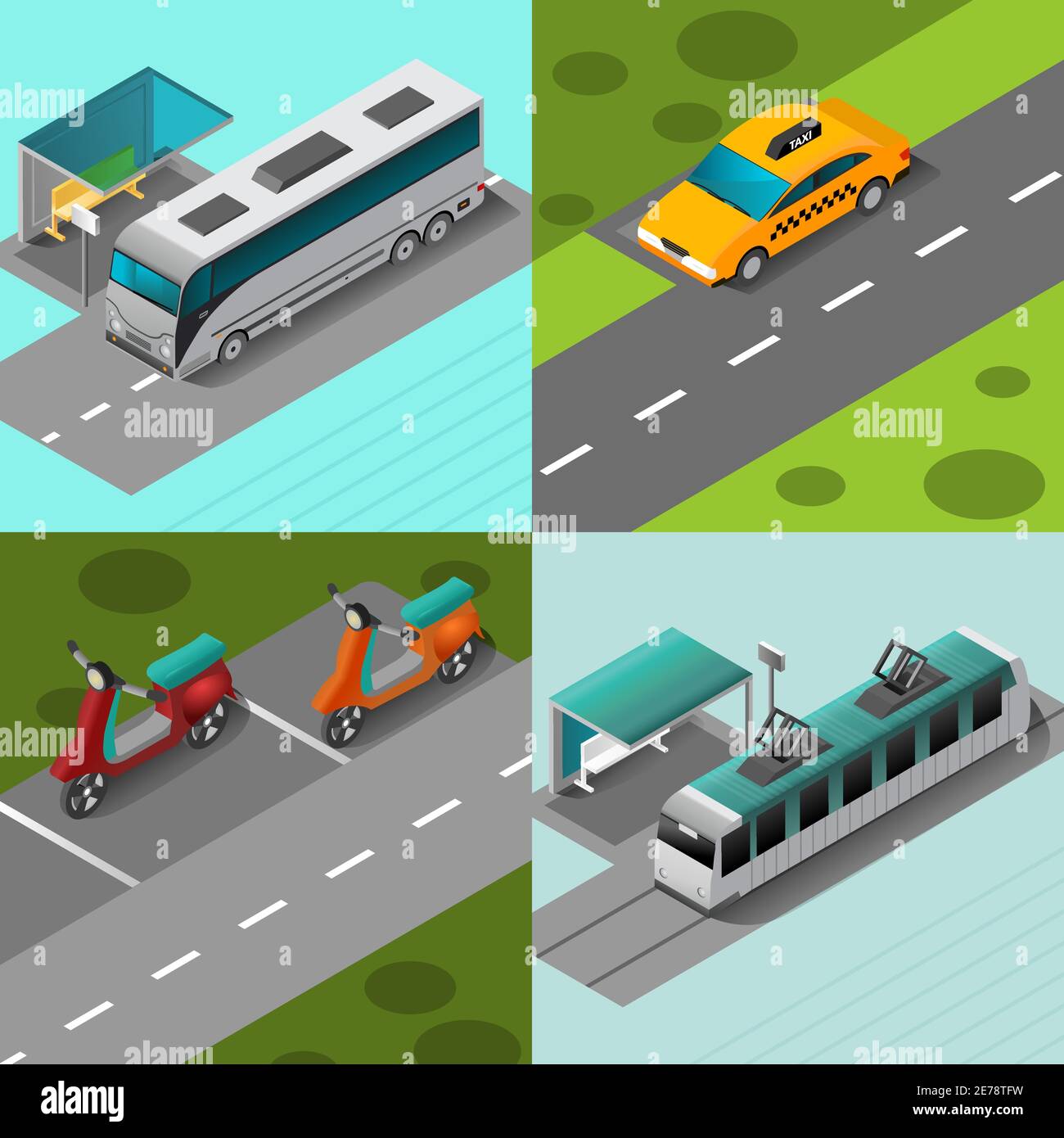 Public transport design concept set with isometric vehicles on stops ...