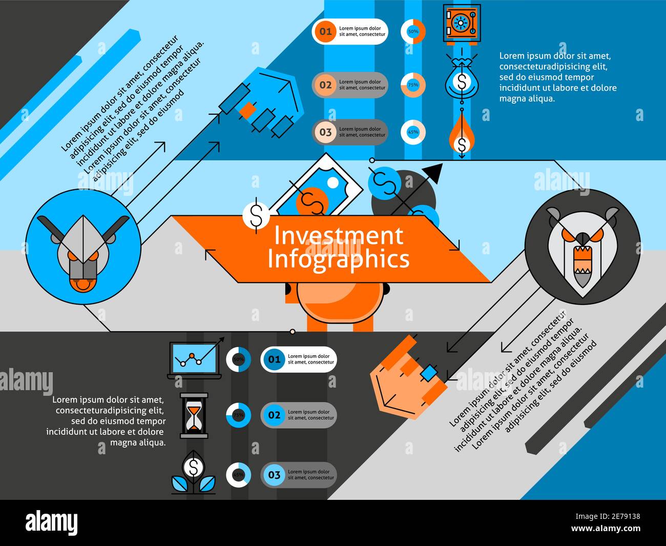 Investment line infographic set with stock symbols and numbers flat ...