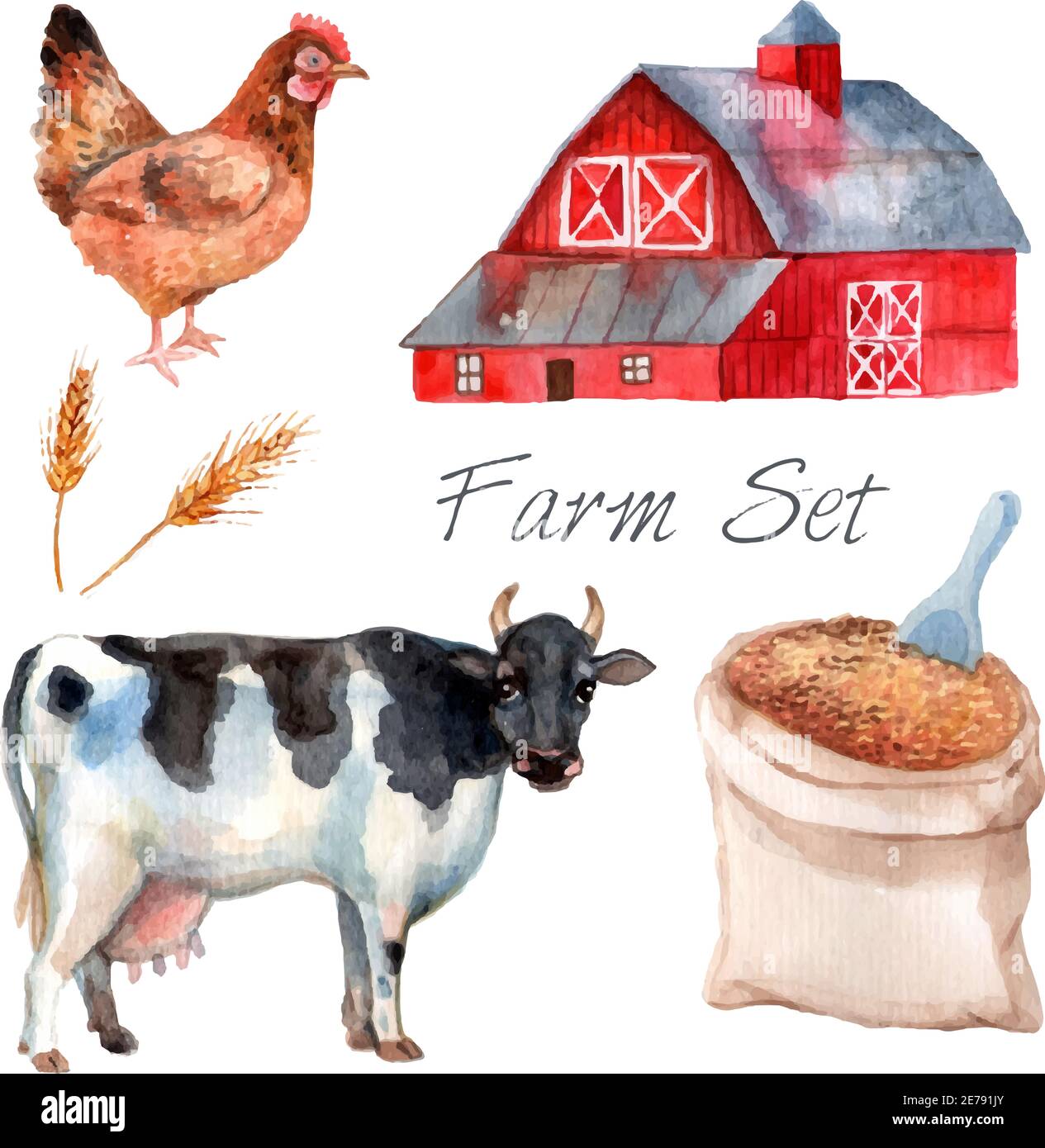 Watercolor concept farm set with cow hen and grain isolated vector ...