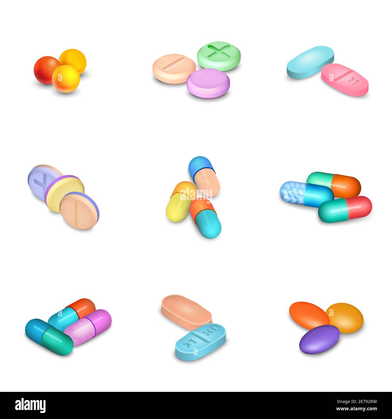 Realistic pills and capsules in different colors icons set isolated ...