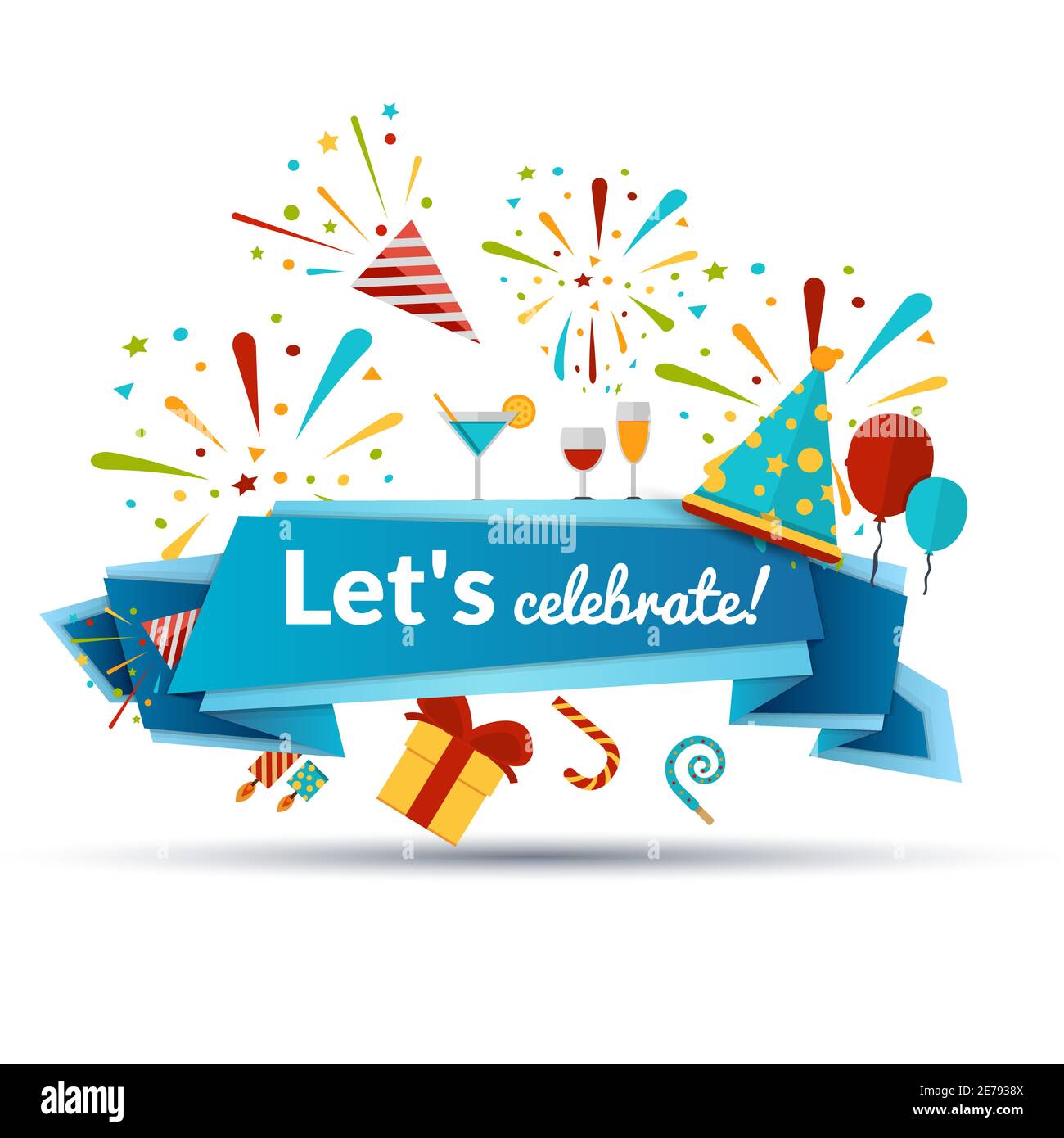 Holiday celebration emblem with party symbols and ribbon vector ...