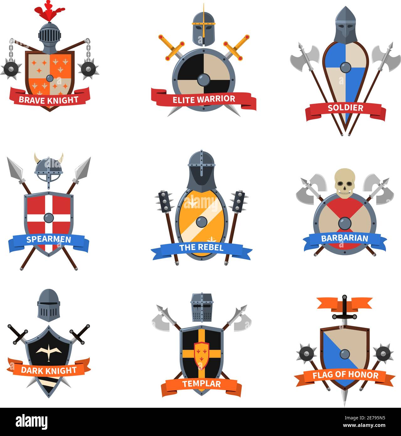 Legendary knights warriors coats of arms emblems flat labels collection ...
