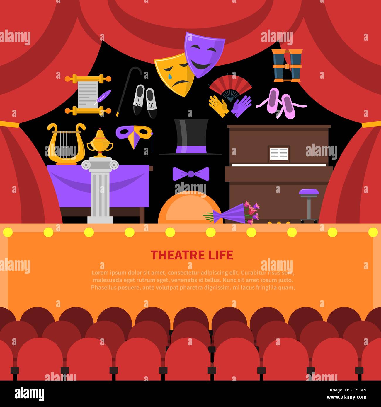 Theatre life concept with seats stage and red curtain flat vector ...