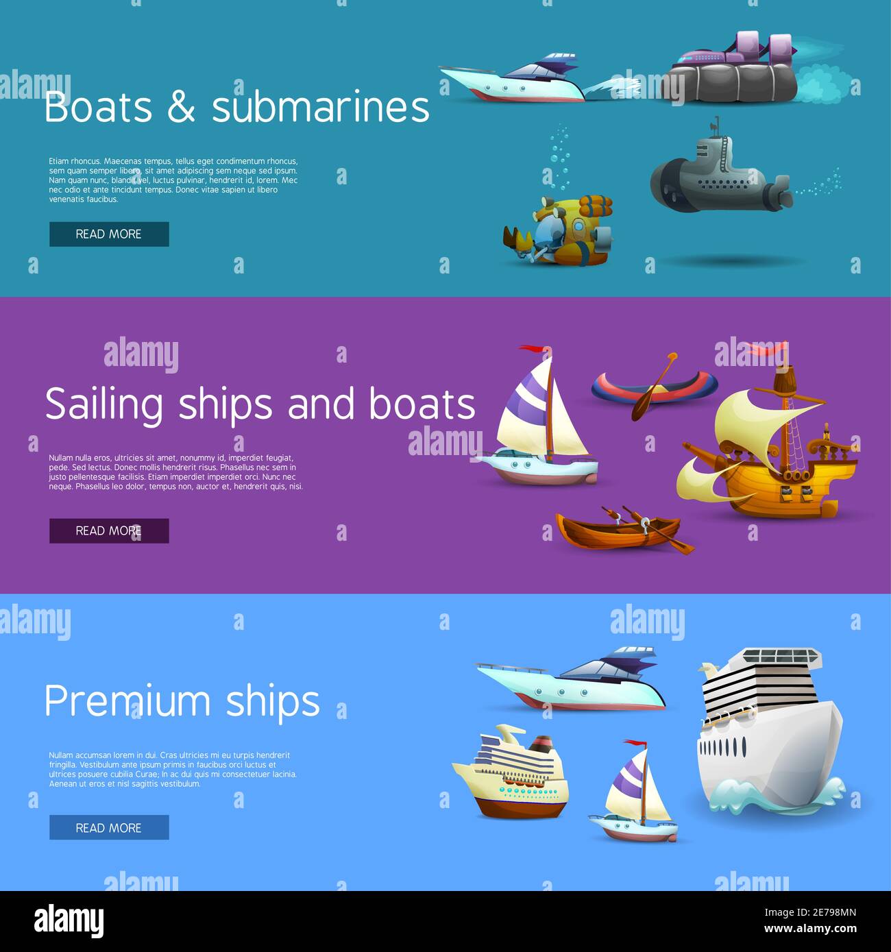 Ships and boats realistic horizontal banners set with submarines ...