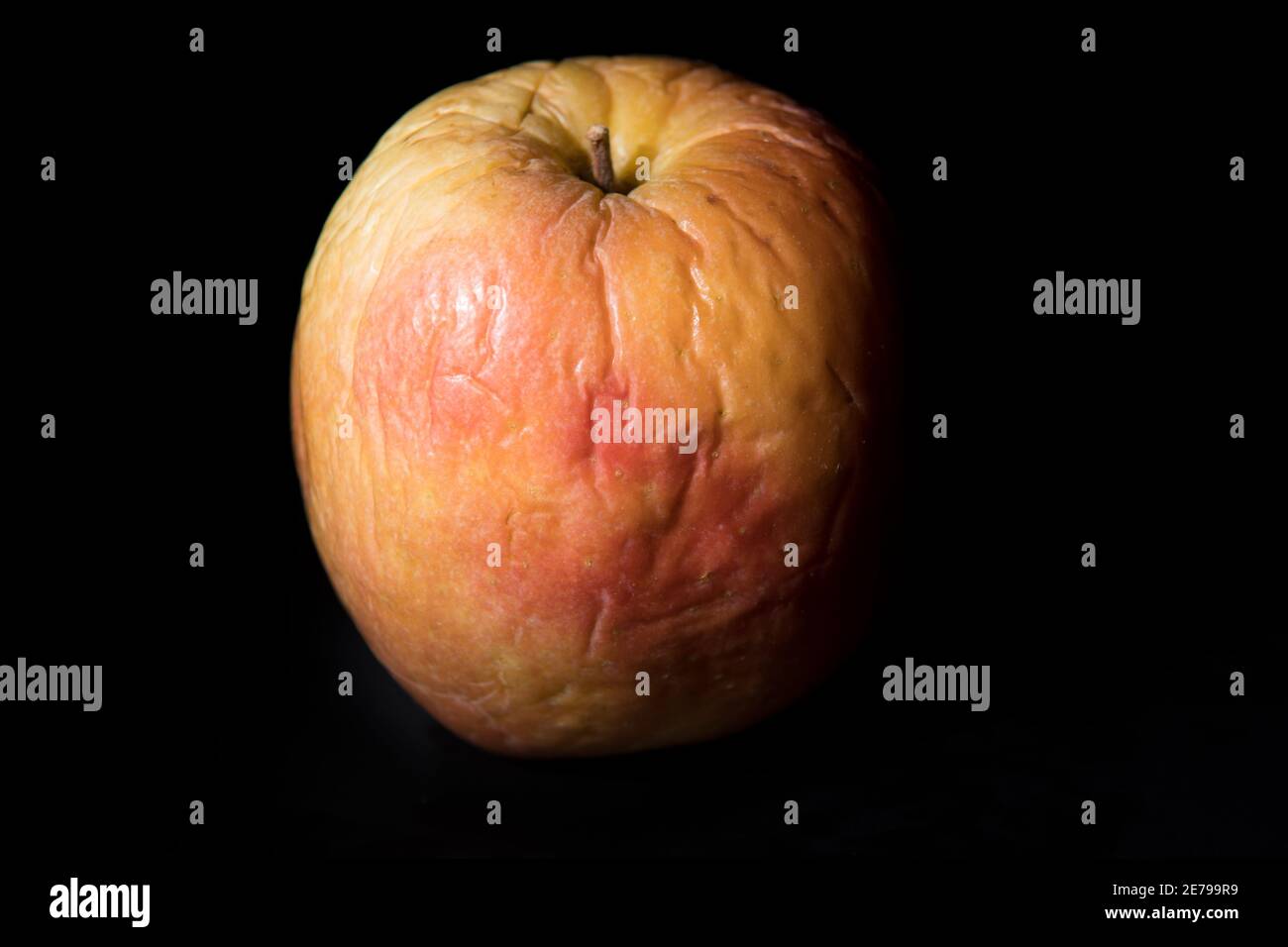 Shriveled yellow and red apple with deep wrinkles on black background ...