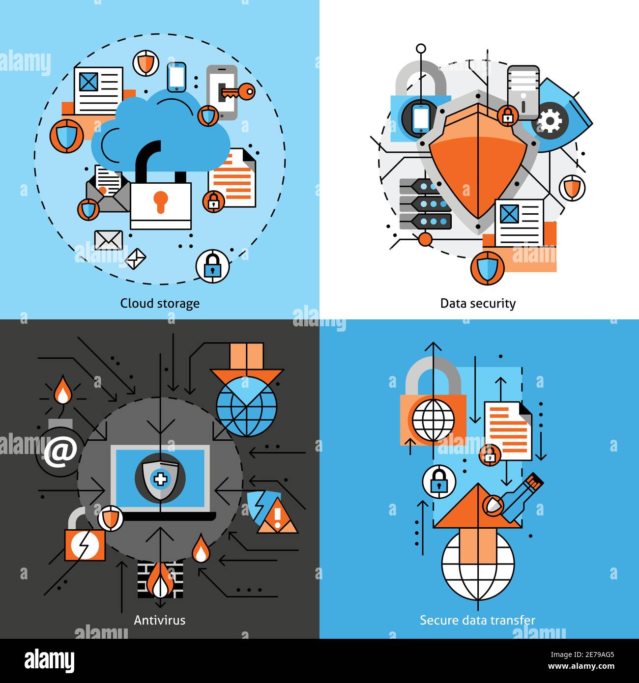 Data security and storage line icons set with cloud antivirus and ...