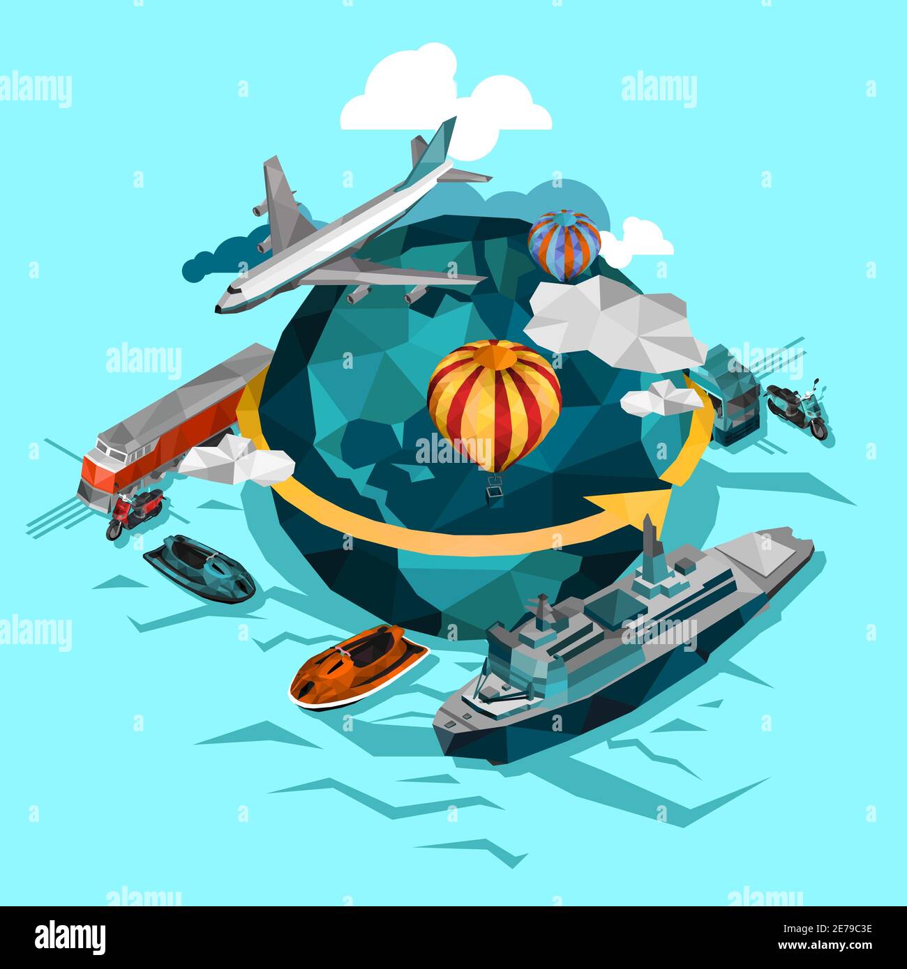 Transportation by air water and ground around the world concept ...