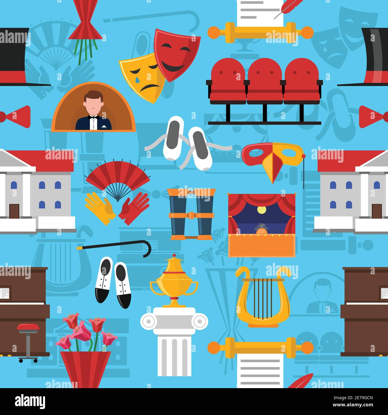 Theatre seamless pattern with stage and performance symbols on blue ...