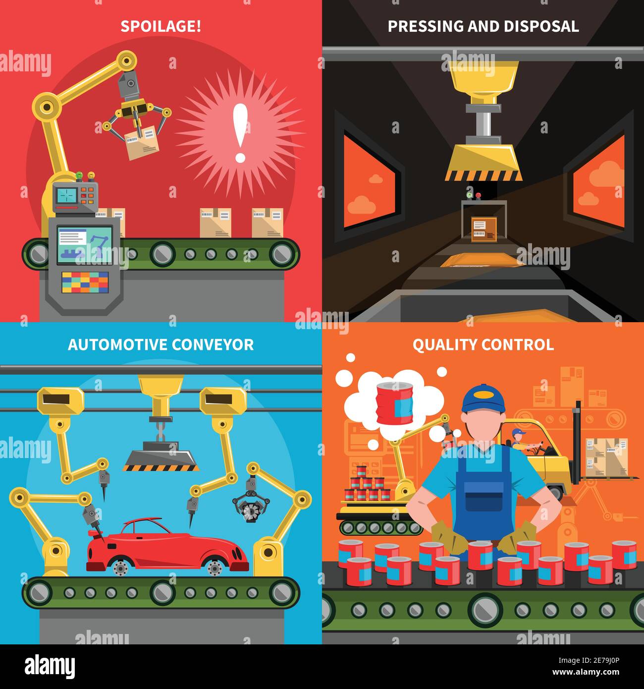 Conveyor icons set with spoilage pressing and quality control symbols ...