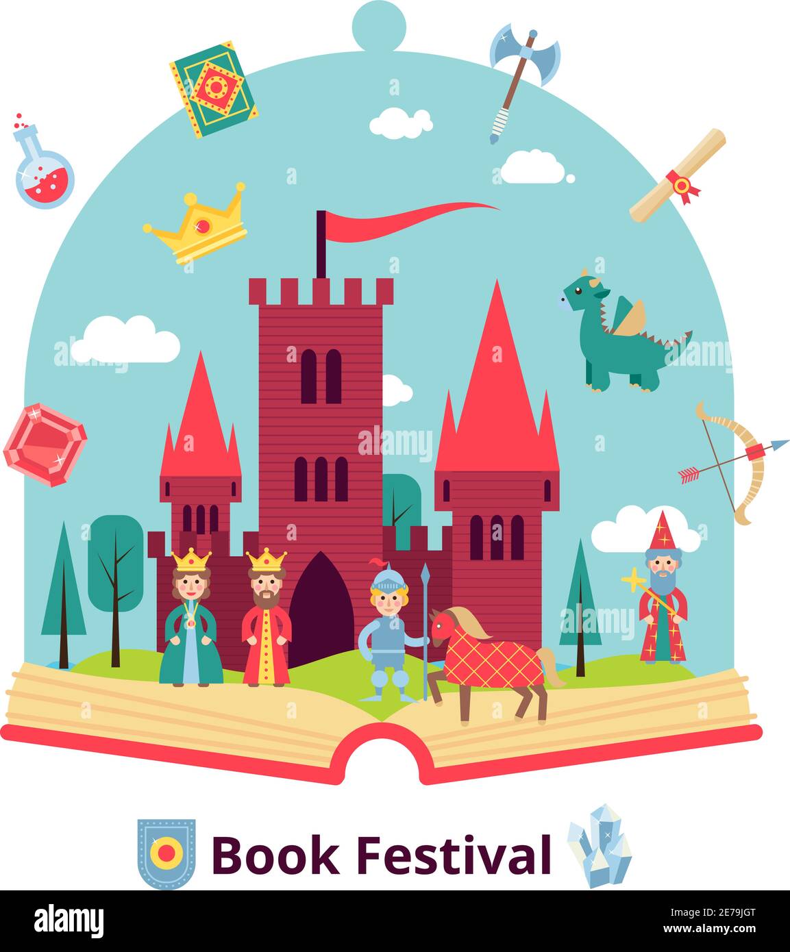 Fairytale concept with open book and medieval castle and characters ...