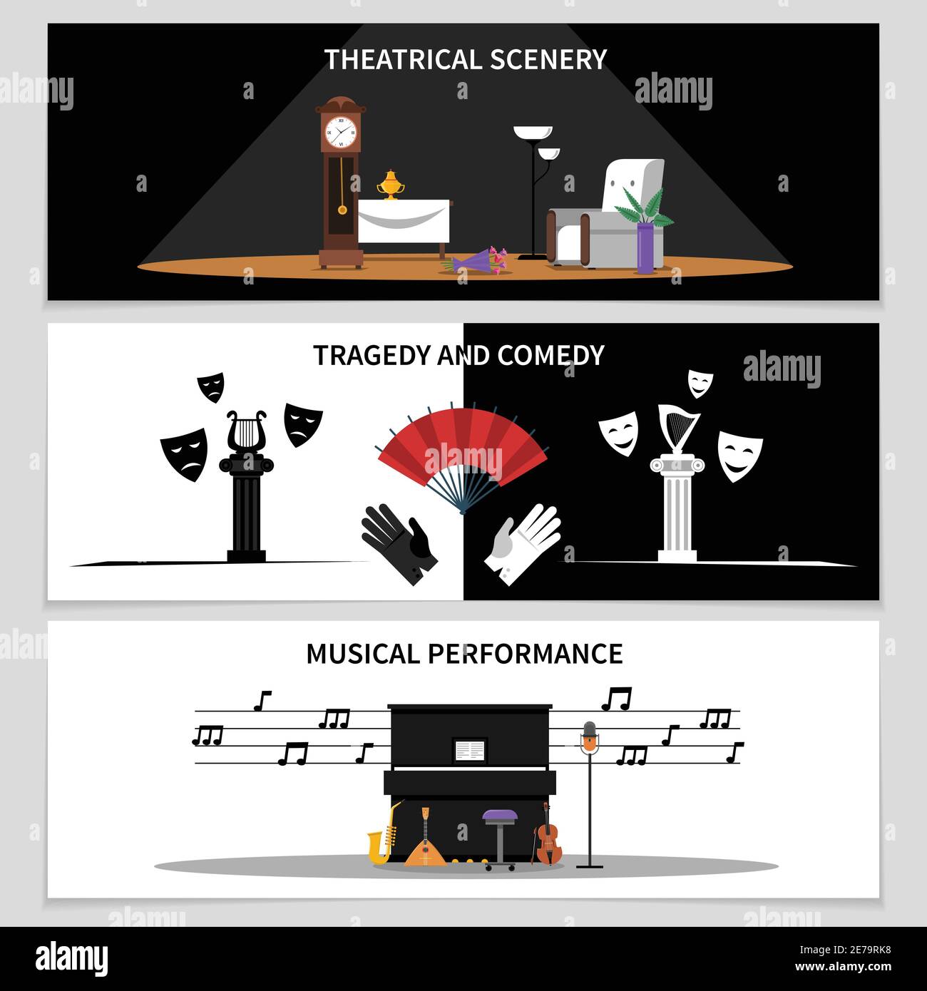 Theatre horizontal banners set with theatrical scenery and musical ...