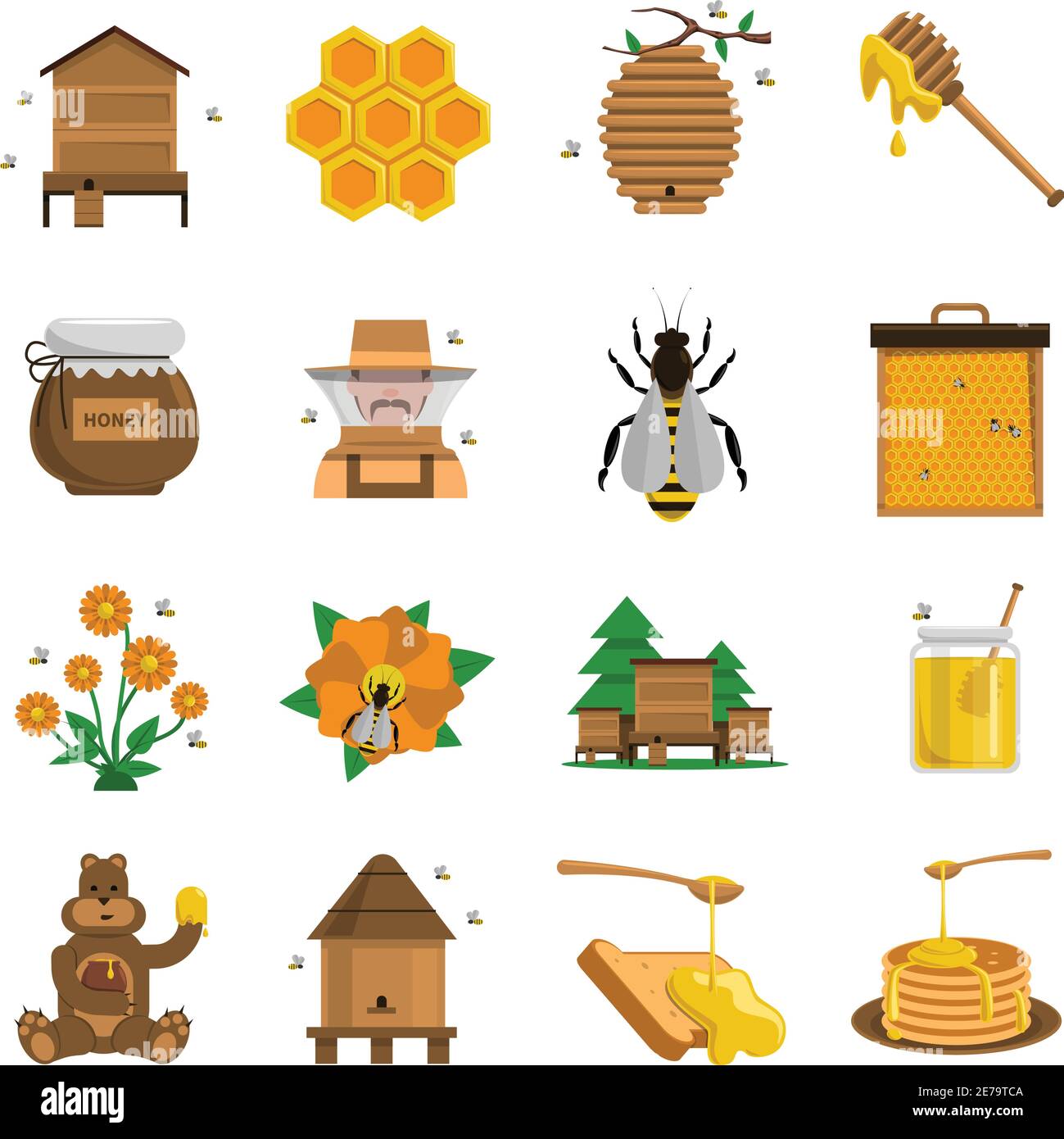 Honey icons set with apiary bees and flowers flat isolated vector illustration Stock Vector ...