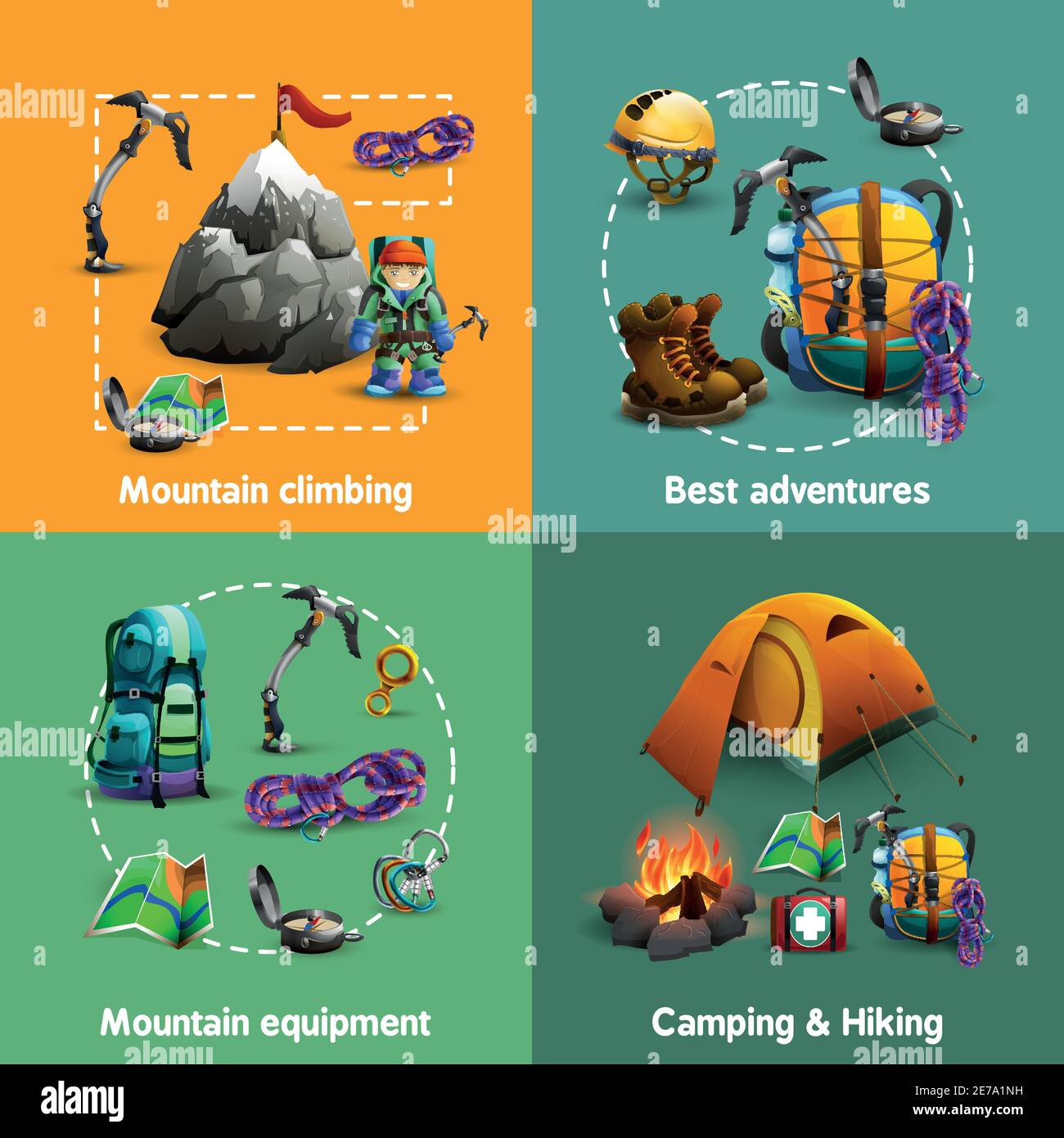 Alpine mountain climbing camping and hiking equipment 4 3d icons square ...